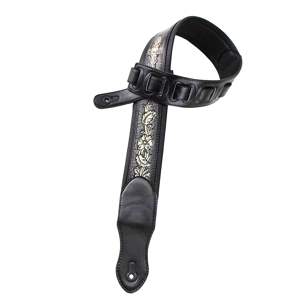 Walker and Williams KB-02-BLK Handmade Distressed Black Carving Leather Padded Guitar Strap With Floral Skull & Christian Cross For Acoustic, Electric And Bass Guitars