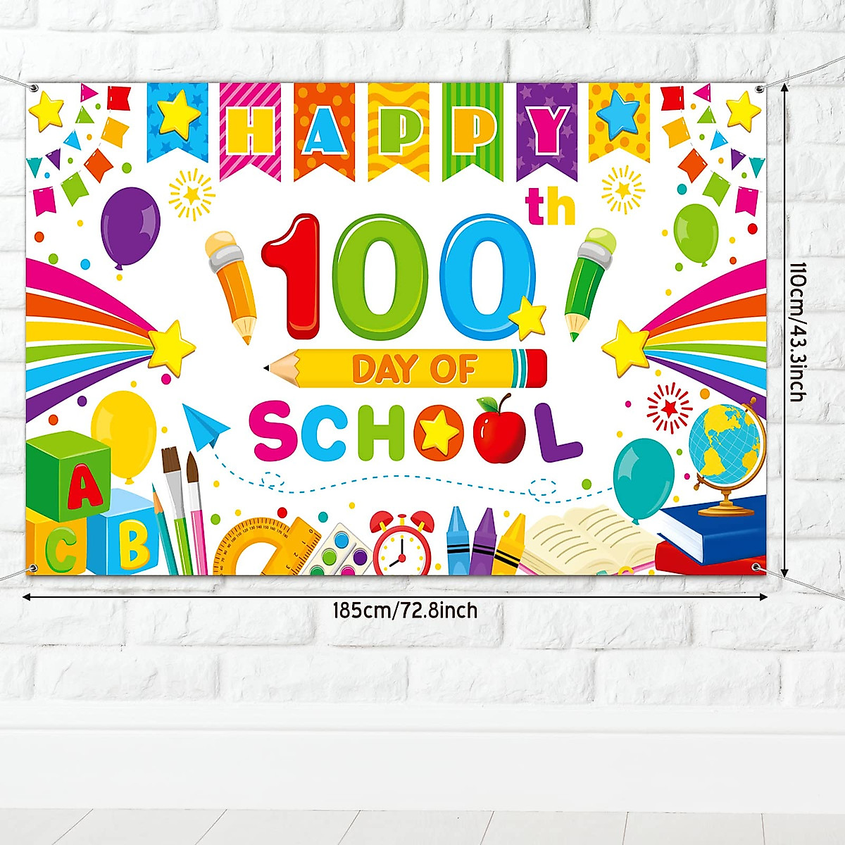 100 Days of School Decoration Banner Happy 100th Day of School Party Backdrop Photography Background for Kids Student Kindergarten Preschool Primary School Party, 72.8 x 43.3 Inch (White)