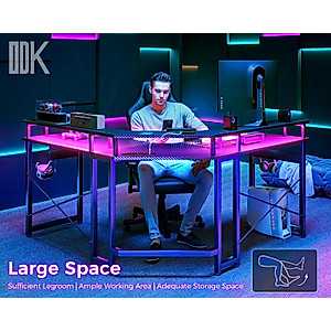 ODK L Shaped Gaming Desk with LED Lights & Power Outlets, 50.8" Computer Desk with Full Monitor Stand, Corner Desk with Cup Holder, Gaming Table with Hooks, Black Carbon Fiber