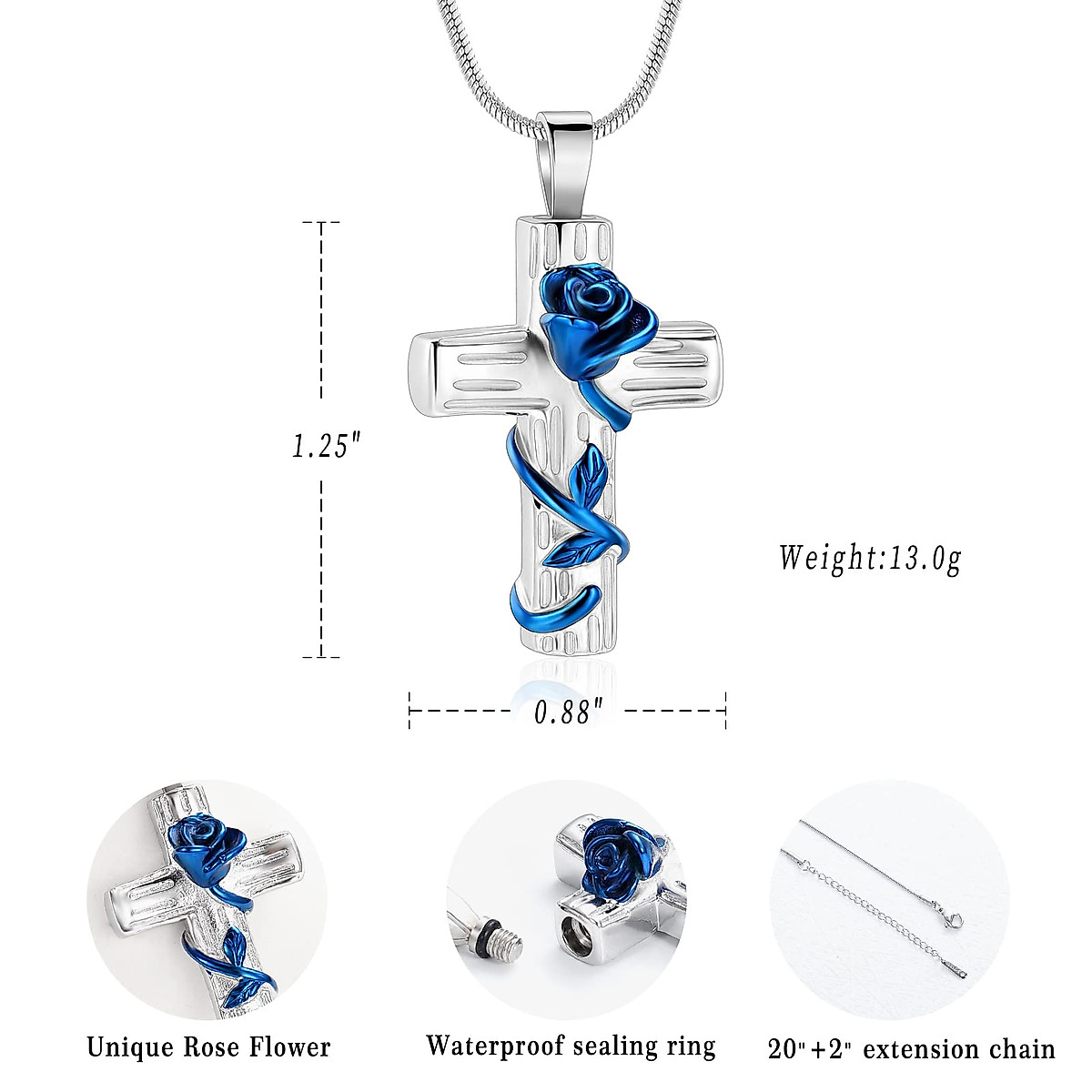 Urn Necklace for Ashes Rose Flower Cross Cremation Jewelry Pendant for Human/Pet Funeral Keepsake Memorial Necklace(Blue)