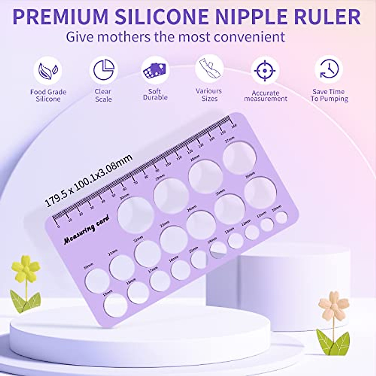 Nipple Ruler, Nipple Ruler for Flange Sizing & Breast Pump Size - New Mothers Must Haves, Soft Silicone Circle Templates Nipple Measurement Tool with Holes & Millimeter Scale for Flange Size Measure