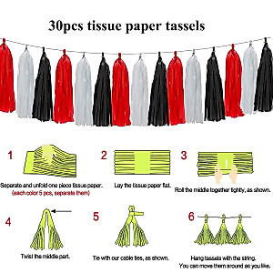 30pcs Paper Tassels Garland Banner Tissue Paper Tassel DIY Hanging Paper Decorations Party Tassel Garland Decor Baby Shower Nursery Wedding Festival Baby Shower Decoration(30, White+Black+red)
