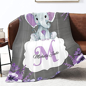 Yeshop Personalized Throw Blanket, Monogram Purple Floral Elephant Custom Blankets 50x60 Inches for Couch Bed, Fleece Blanket with Your Name Birthday for Boy Girl Teen
