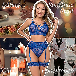 NEWEVEN Women's Lace Garter Lingerie 4 pcs Set with Teddy Babydoll Strappy Bra and Panty Set Garter Belt Leg Rings (No Stockings), Blue, L