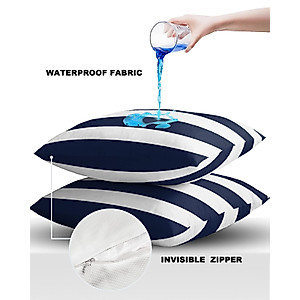 Nautical Stripe Outdoor Waterproof Throw Pillow Covers, Decorative Pillowcases Polyester Cushion Covers for Garden Patio Tent Sofa Couch Pack of 2 16x16 inch, Navy Blue White Stripes