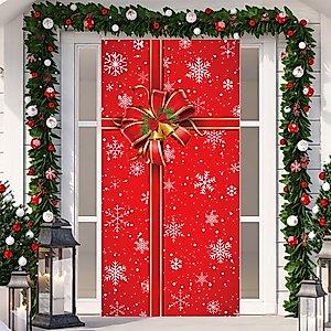 Christmas Door Cover Box Red Door Cover Decor Snowflake Present Box Door Hanging Banner Photography Backdrop Outdoor Sign for Xmas Winter Holiday Front Door Porch Home Party Supplies