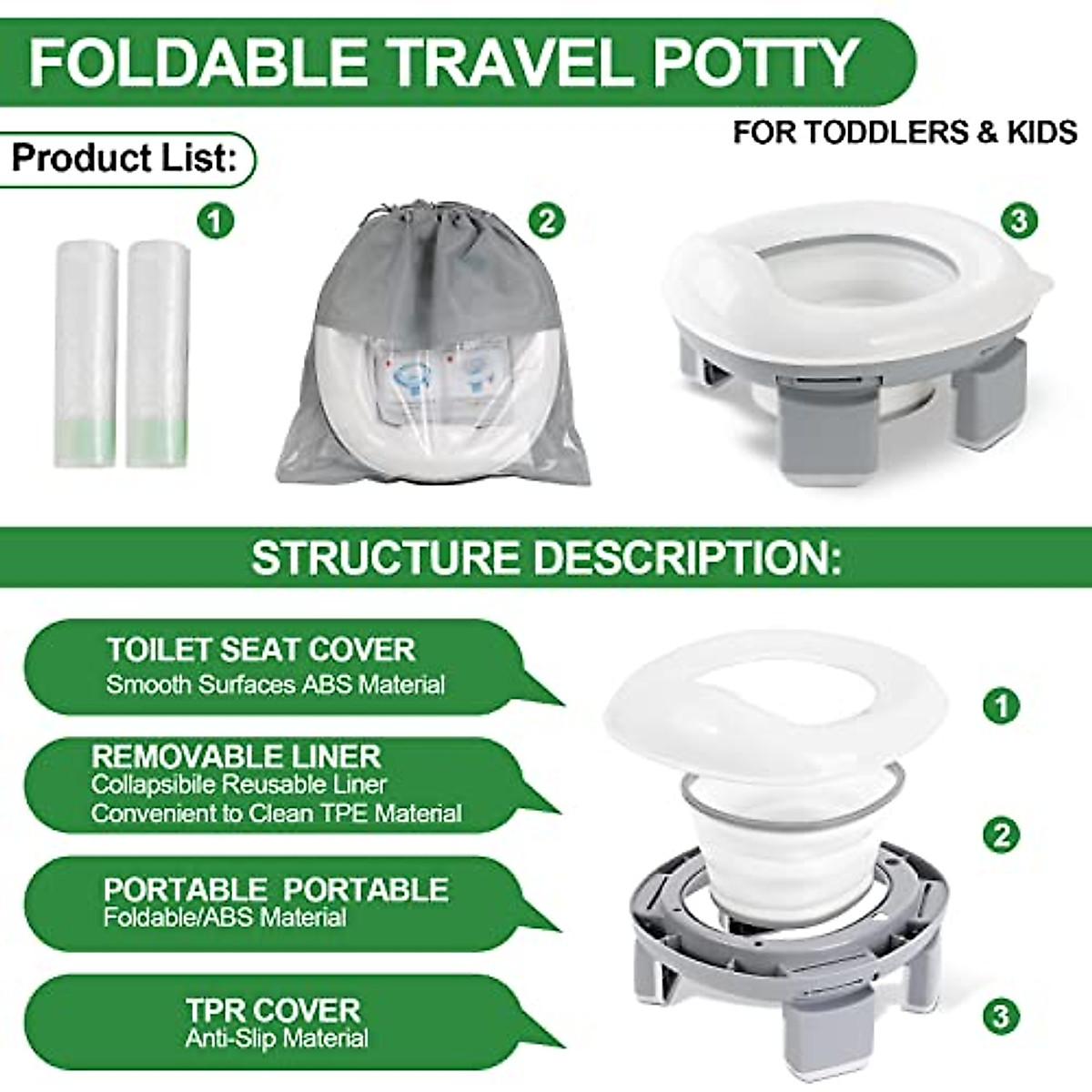 INNOWEST® Travel Potty, Toddler travel potty, Portable toddler potty, travel potties foldable, toddler potty folding toilet, apply to seat emergency toilet for car, outdoor, indoor toilet, Grey