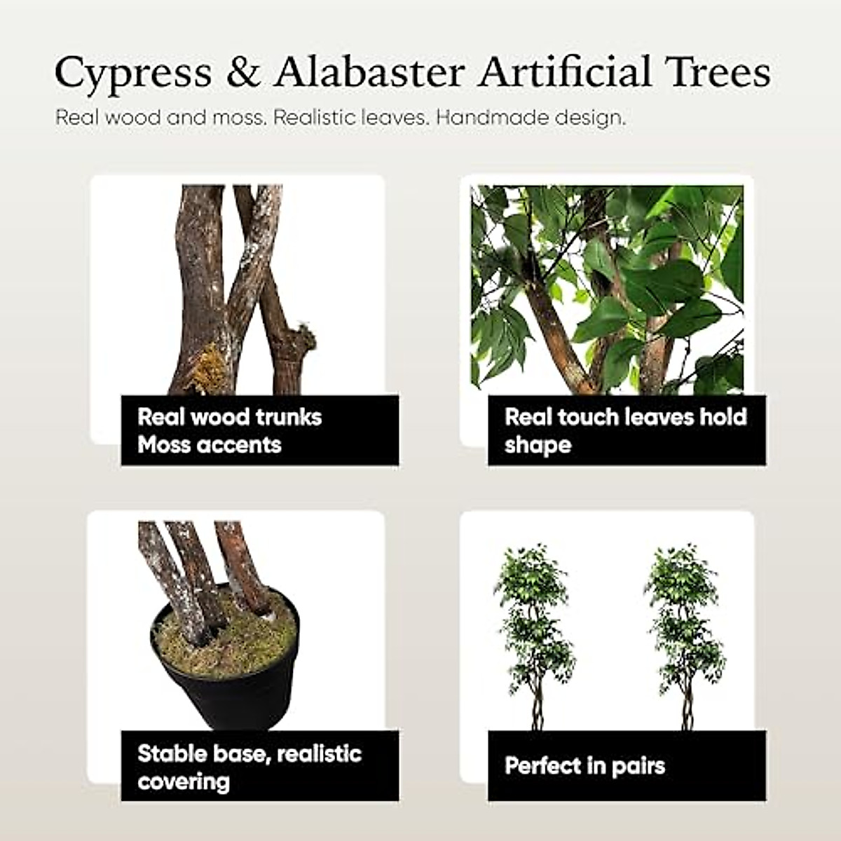 Hand-Made 6.5' Ficus Artificial Tree with Ethically Sourced Real Wood Trunks | Green | Cypress & Alabaster