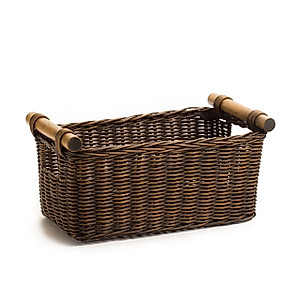 The Basket Lady Petit Pole Handle Wicker Storage Basket, Medium, 12 in L x 6.5 in W x 6 in H, Antique Walnut Brown