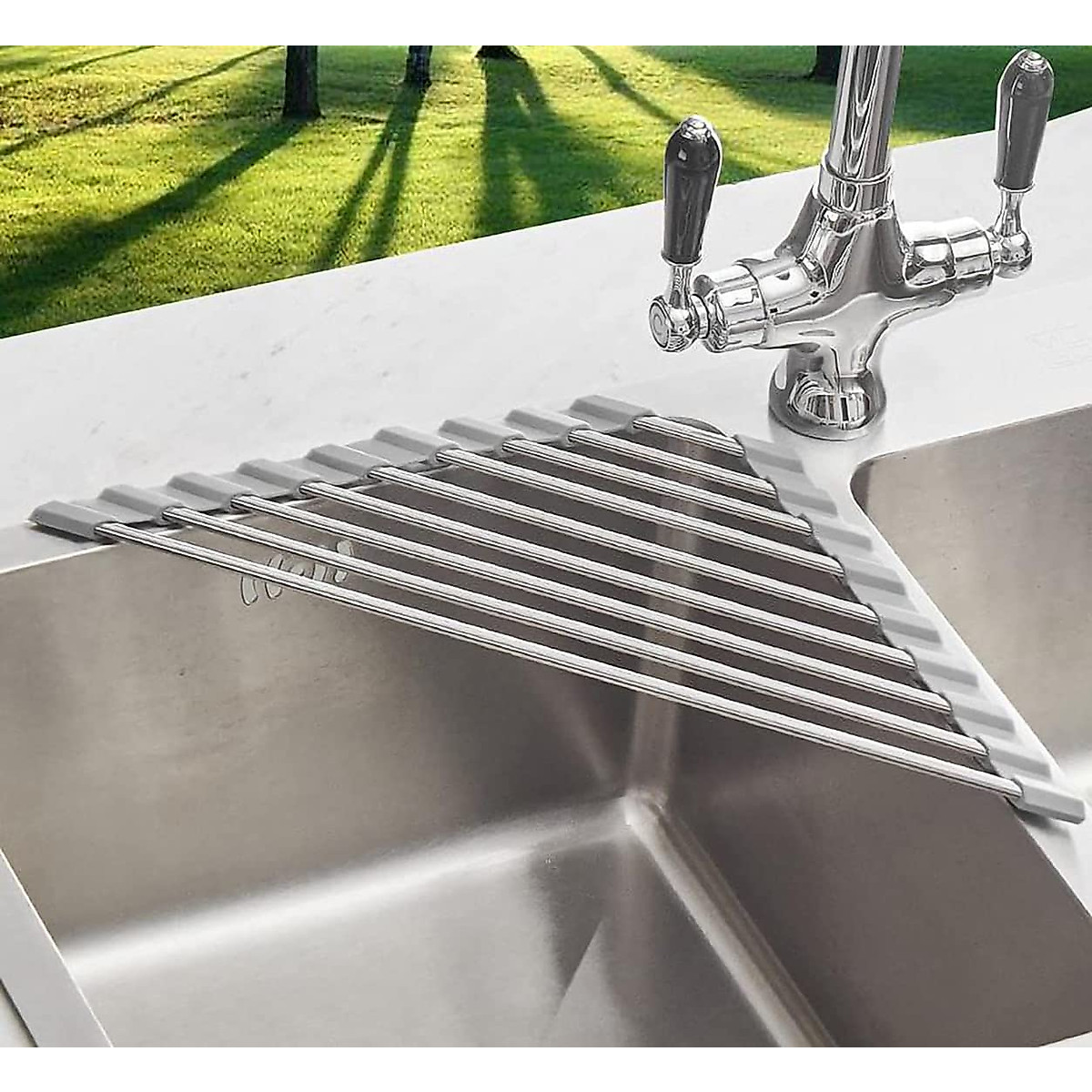 ALIMART Over the Sink Dish Drying Rack Roll Up and Triangle for Kitchen Corner Drainer Mat Foldable Stainless Steel (Triangle), Silver