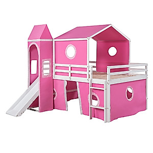Merax Full Over Full House Bunk Bed, Kids Playhouse Bed, Solid Wood bunk Bed Frame with Slide Pink Tent and Tower, for Girls and Boys, Pink