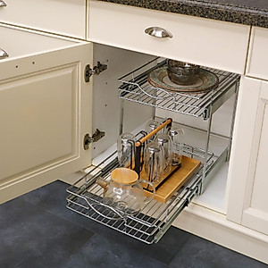 Sikarou Pull Out Cabinet Organizer 14" W x 21" D 2-Tier Individual Slide Out Drawer Pantry Shelf Storage for Kitchen Base Cabinet Organization ​for Kitchen, Bathroom, Pantry, Chrome