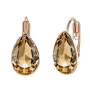 Teardrop Austrian Crystal Leverback Drop Earrings for Women 14K Rose Gold Plated Hypoallergenic Jewelry (Light Topaz)