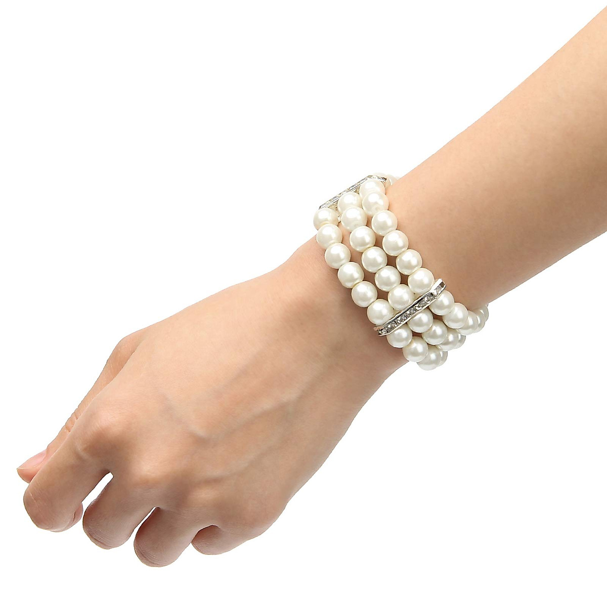 Coolrunner Ladies 3 Rows Faux Pearls Accent Off White Stretch Wrist Bracelet Jewelry