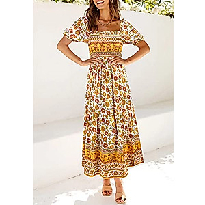 ZESICA Women's 2023 Summer Boho Floral Print Square Neck Ruffle Swing Beach Long Maxi Dress,Yellow,Medium