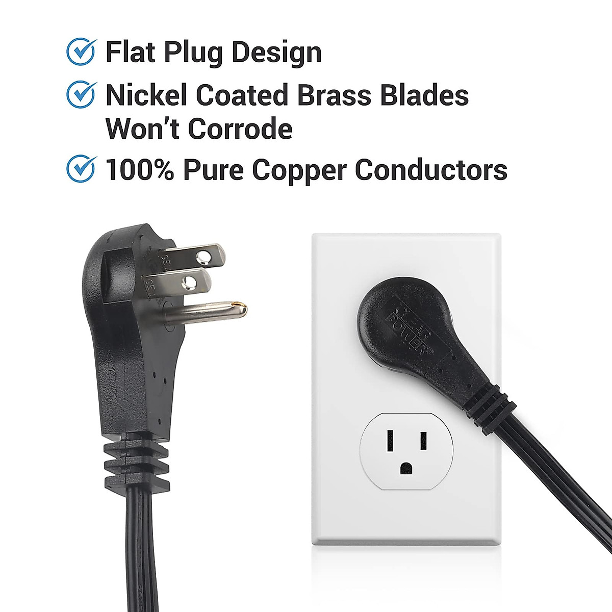 Clear Power 2-Pack 6 ft Indoor Extension Cord 3 Grounded Outlets 16/3 SPT-2, 3 Prong Low-Profile Flat Plug, Black, DCIC-00472P-DC