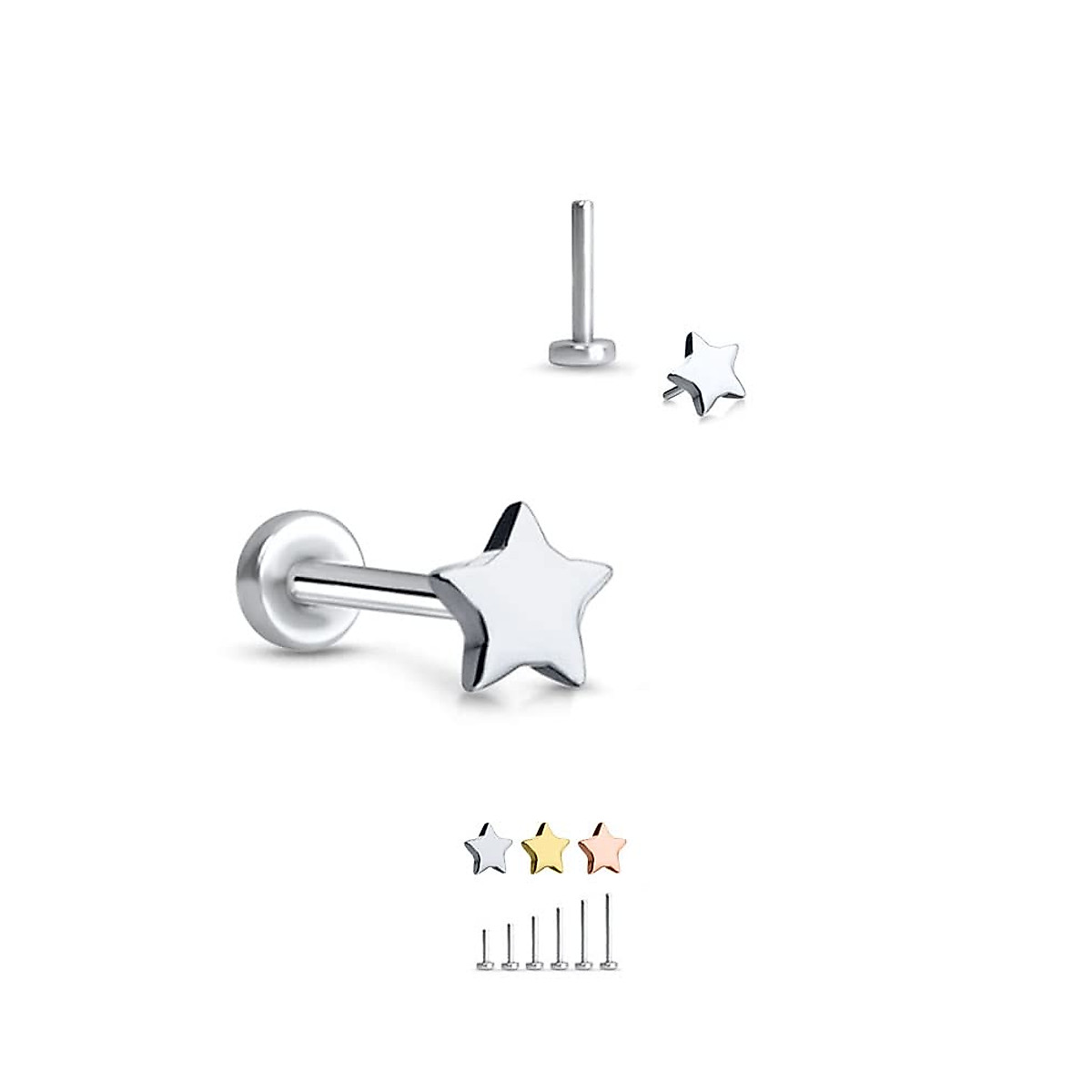 316 Stainless Steel Threadless Push Pin Nose Ring Labret Monroe Stud Star, 3/16" (5mm) Post Length 16G