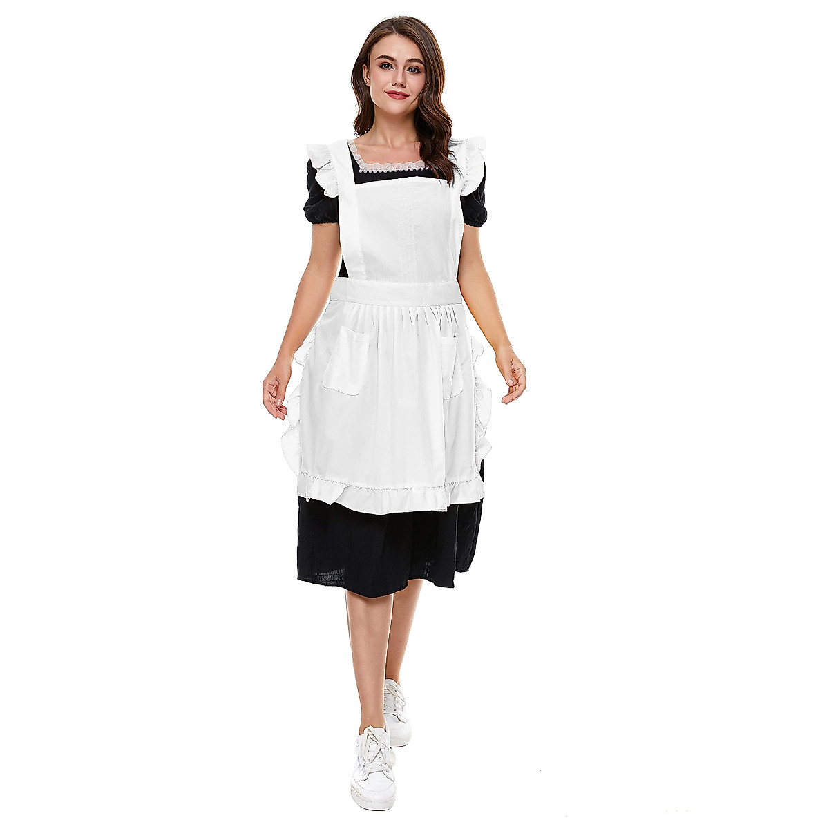 LilMents Retro Adjustable Ruffle Apron with Pockets, Small to Plus Size Ladies (White)