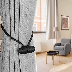 Ohtomber Magnetic Curtain Tiebacks Black 4 Pack, Curtain Tie Backs Holdbacks Holders Hooks Clip Buckles for Curtains Drapes, Curtain Ties for Home Bedroom Office Decorative Curtain