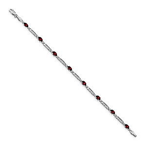 Solid 14k White Gold Diamond/Garnet January Red Gemstone Bracelet - with Secure Lobster Lock Clasp 7" (Width = 3mm)