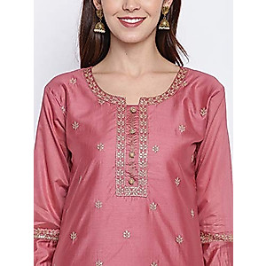 Ziya Designer Straight A-Line Embroidered Chanderi Cotton Kurti for Women (Dark Peach648, 40)