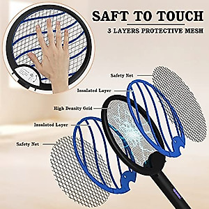 Electric Fly Swatter Racket 2 in 1 Foldable Bug Zapper Racket,3500V Fly Swatter Electric USB Rechargeable with 3-Layer Safety Mesh for Indoor and Outdoor