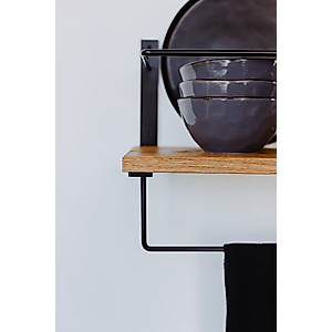 Wood Floating Shelves with Metal Towel Bar, Oak Kitchen Wall Storage Towel Rack, Bathroom Towel Holder, Wall Mounted Steel Towel Rack ETHIMO Classic I