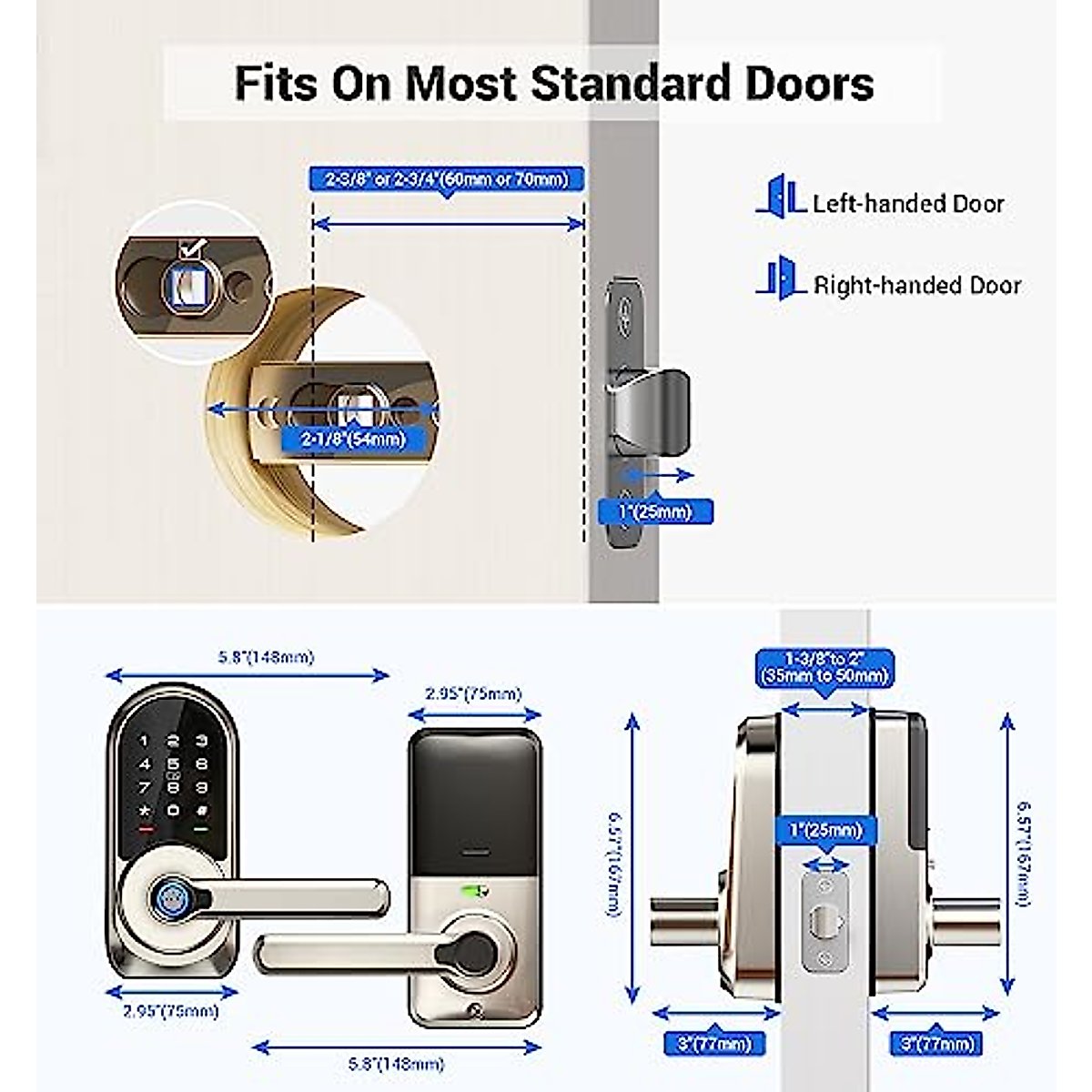 Veise Smart Lock, Keyless Entry Door Lock with Handle, Fingerprint Door Lock, 7-in-1 Smart Locks for Front Door, Electronic Digital Lock with Keypad, APP Control, Front Door Lock Set, Satin Nickel