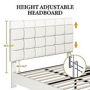 Yaheetech Full Upholstered Bed Frame, Platform Bed Frame with Square Tufted Fabric Headboard Height Adjustable, Wooden Slats Support, No Box Spring Needed, Beige