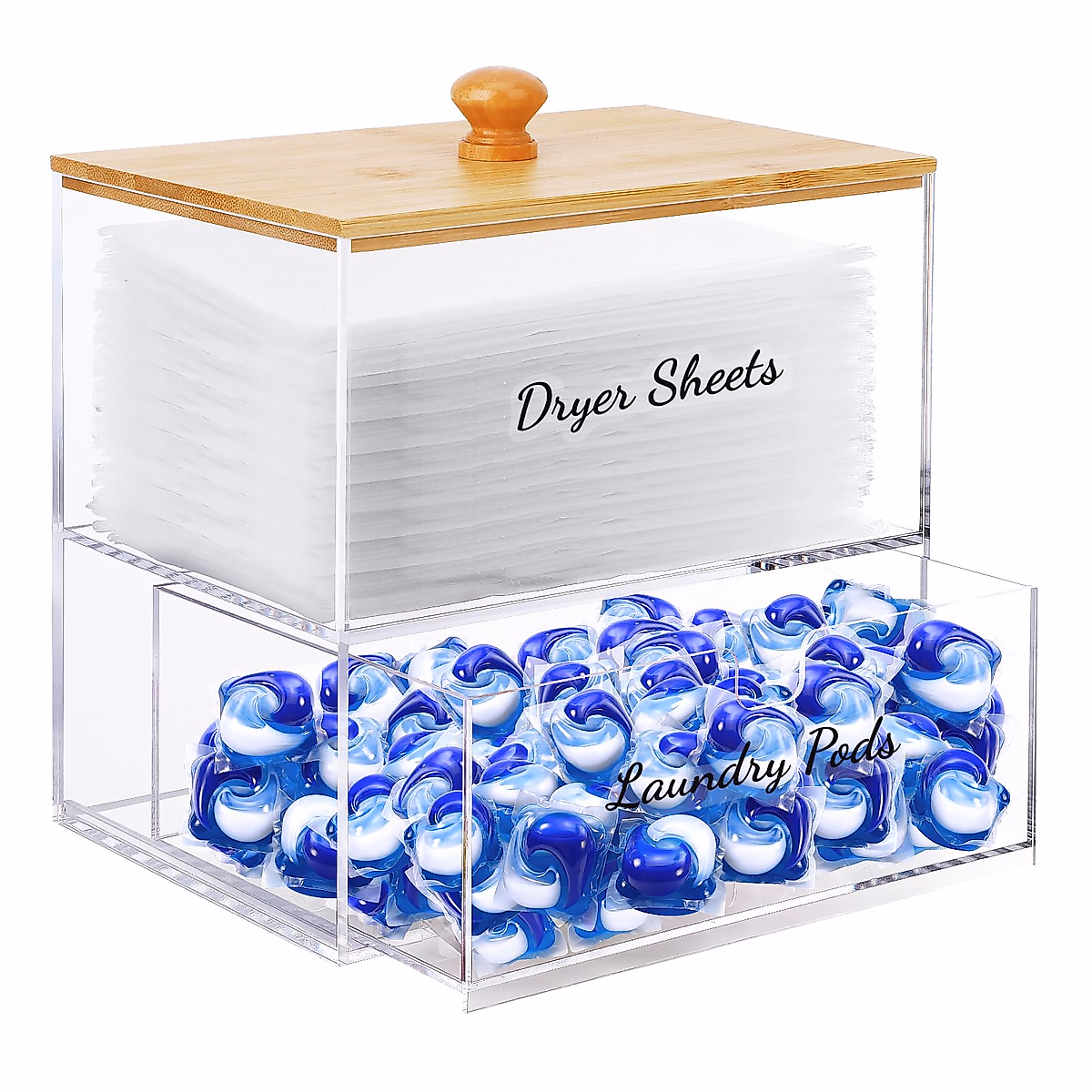 JYPS Acrylic Dryer Sheet Holder with Drawer and Bamboo Lid, Clear Laundry Room Organization and Storage，Dryer Sheet Laundry Pods Containter Box for Laundry Room Decor