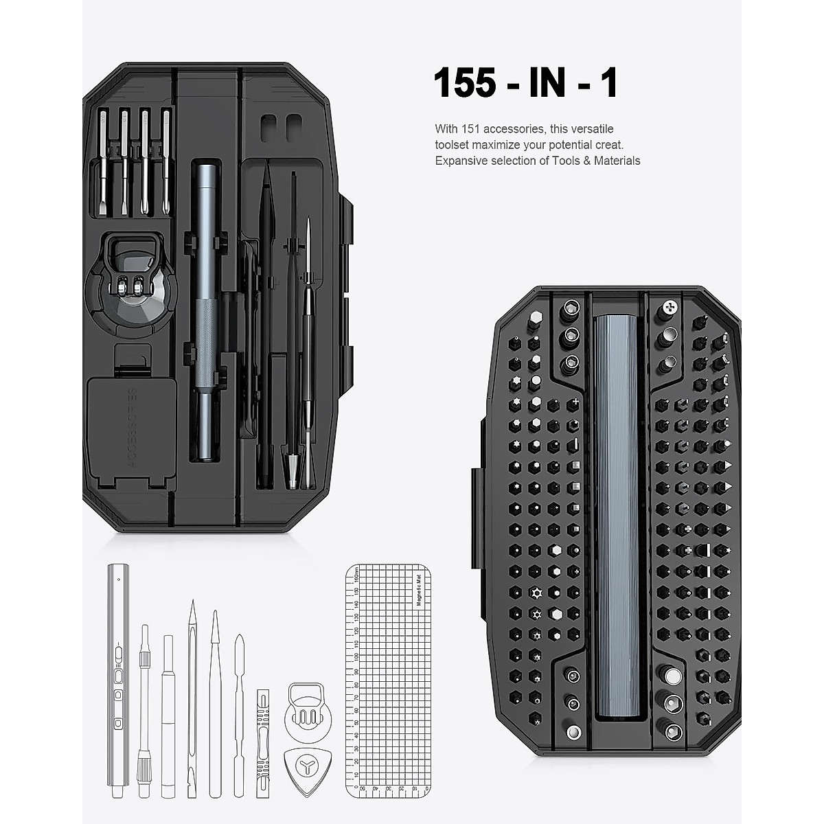Mini Electric Screwdriver Set, 155-in-1 Precision Screwdriver with 140 S2 Magnetic Bits, 650mAh USB C Charging, 3 Torque Settings & Built-in Magnetizer for DIY Projects