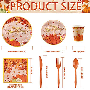 Grencian 175Pcs Thanksgiving Paper Plates and Napkins Set Thanksgiving Party Supplies Happy Thanksgiving Fall Leaves Disposable Dinnerware Set for Thanksgiving Theme Party, Serves 25
