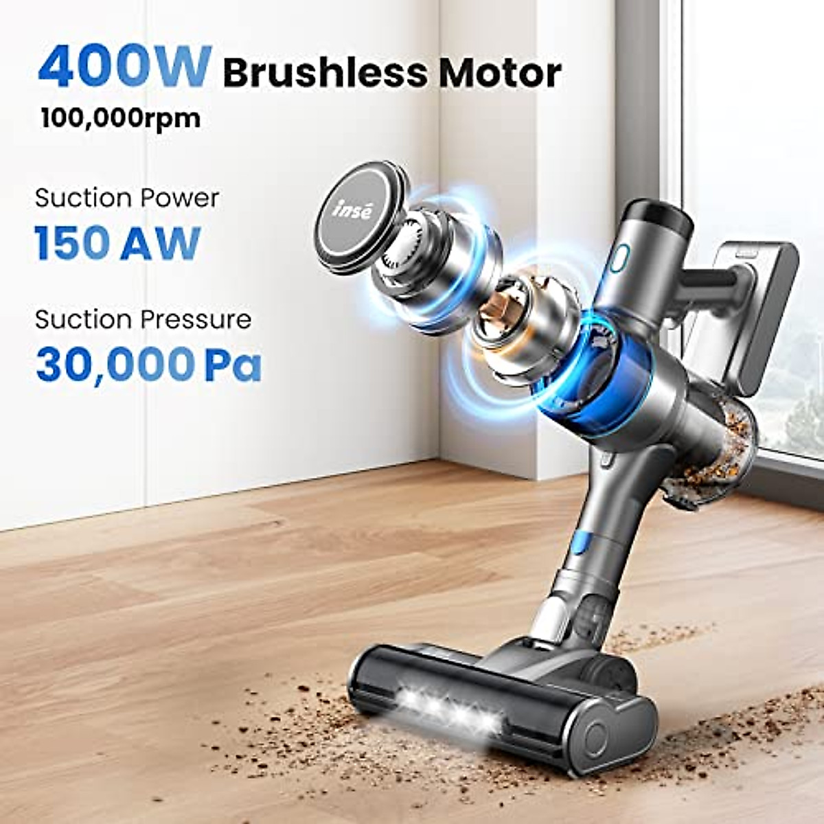 INSE Cordless Vacuum Cleaner, 400W Stick Vacuum with 30Kpa Powerful Suction, 55min Runtime, Smart Induction Auto-Adjustment, Rechargeable Vacuum Cleaners for Home Carpet Floor Pet Hair, LED Display-S9