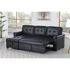 Lilola Home Lexi Black Synthetic Leather Modern Reversible Sleeper Sectional Sofa with Storage Chaise