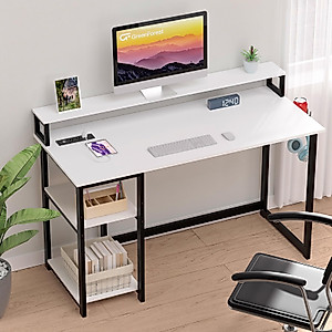 GreenForest Computer Desk with USB Charging Port and Power Outlet, Reversible Small Desk with Monitor Stand and Storage Shelves for Home Office, 40 in Work Desk with Cup Holder Hook, White