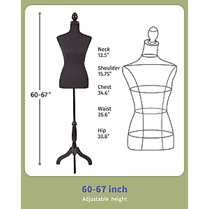 Mannequin Torso Manikin Dress Form 59-67 Inch Height Adjustable Female Dress Model Display Torso Body Tripod Stand Clothing Forms (Black, 59-67 Inches)