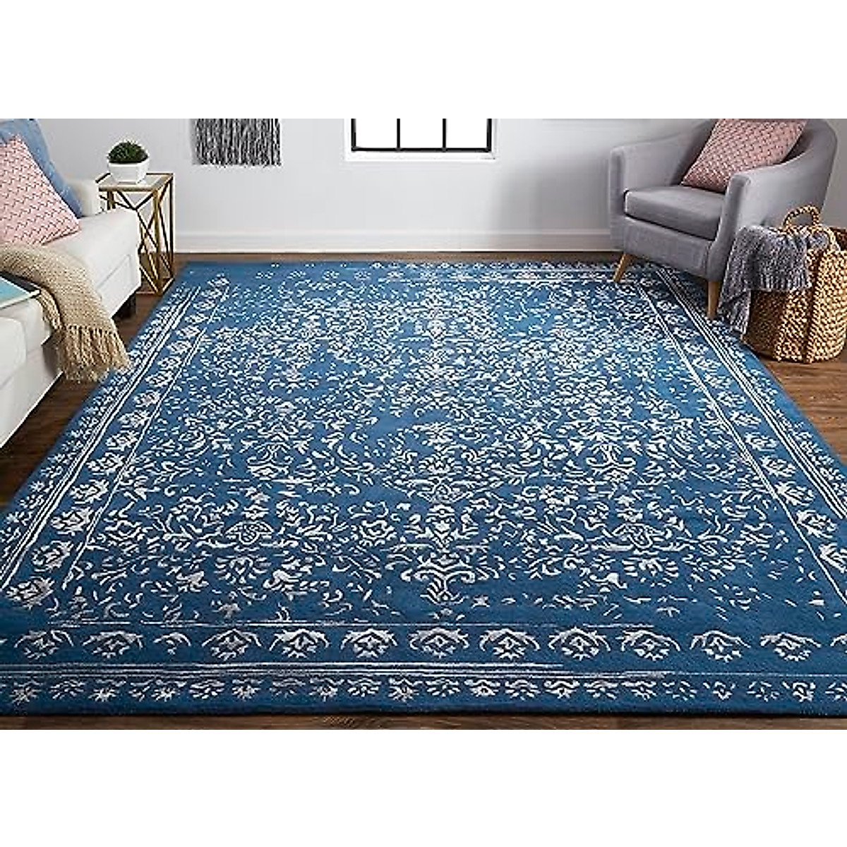 Feizy Bella High/Low Floral Wool Rug, Vallarta Blue/Silver Gray, 8ft x 10ft Area Rug