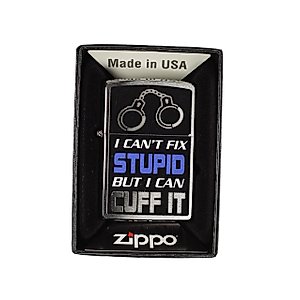 I Can't Fix Stupid But I Can Cuff It Handcuffs Design - Brushed Chrome Zippo Lighter