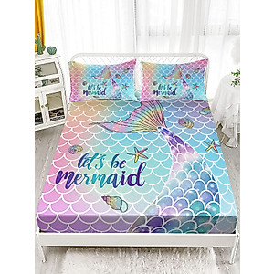 Datura home 4Pcs Kids Fitted Sheet and Flat Set Rainbow Scales Mermaid Printed Pattern Bedding with 1 + 2 Pillowcases for Boys Girls (Rainbow Twin), 67x97 Inches