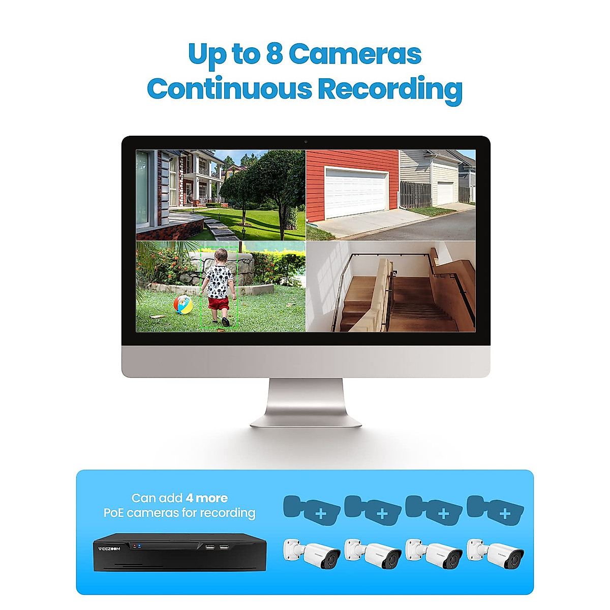 PoE 4K Security Camera System 8CH, VEEZOOM 4pcs 5MP Outdoor Security Cameras, AI Human/Motion Detection, 4K 8 Channel NVR with 2TB HDD, NVR Security Camera System for 24/7 Recording