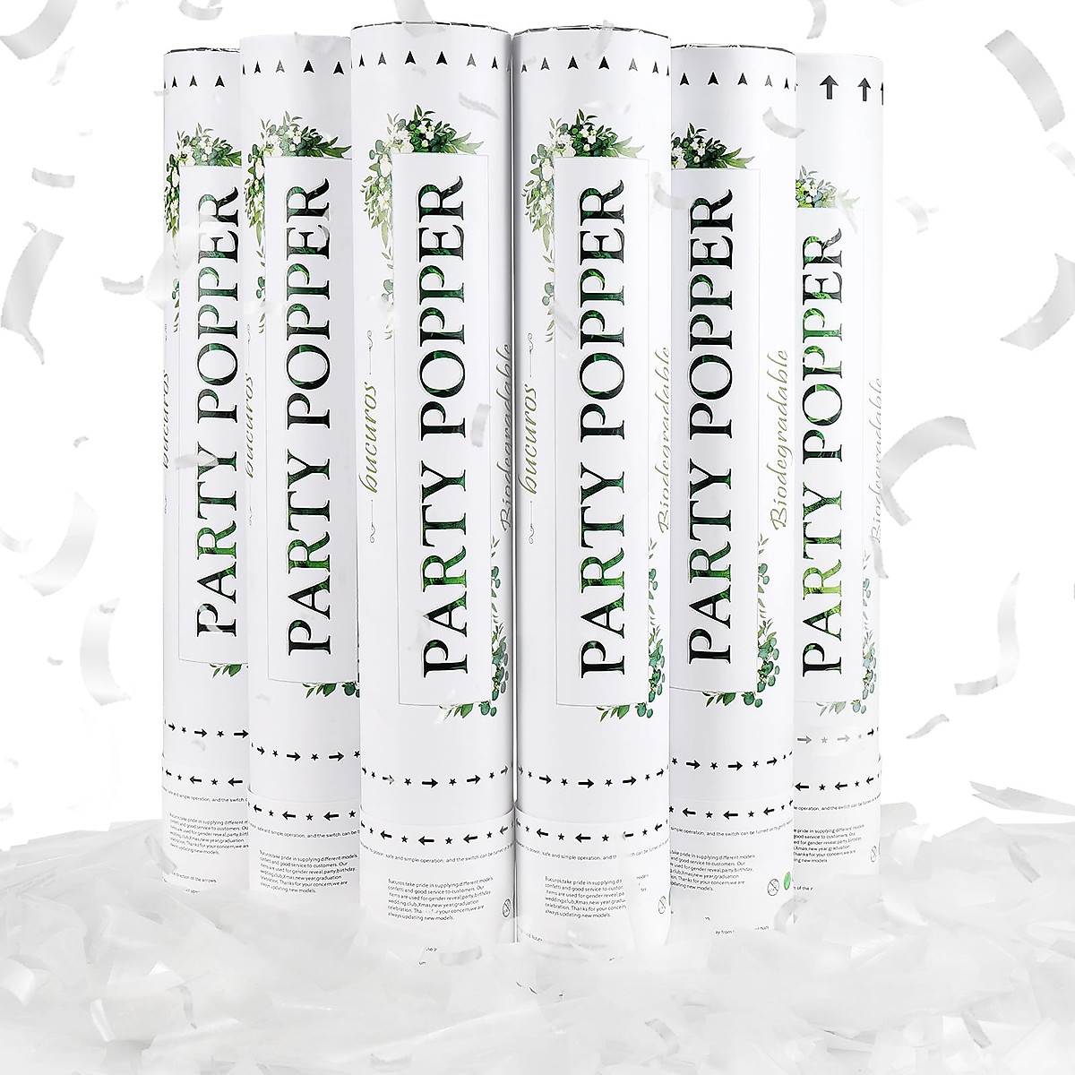 6 Pack White Confetti Poppers 12Inch,Rice Paper Water Soluble Confetti Cannon Air Powered,Launches 20-25ft,Biodegradable Party Poppers for Wedding,Engagement,Birthday,Celebrations(White,6Pack)