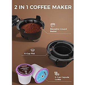 COWSAR Single Serve Coffee Maker, Coffee Brewer for K-Cups Pods and Ground Coffee, Capsule Coffee Machine with 40 Oz Water Tank, 5 Brew Sizes Up To 14 Oz, Black