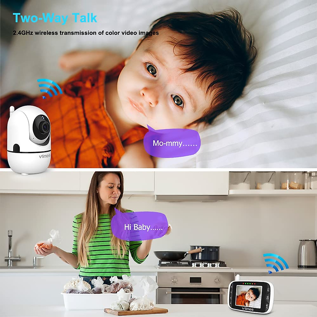 VTimes Video Baby Monitor with Camera and Audio, 3.2" Color LCD Scree, Remote Pan-Tilt-Zoom, Baby Monitor Camera, Infrared Night Vision, Temperature Display, Lullaby, Two Way Audio and VOX Mode