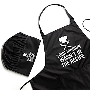 DYJYBMY Your Opinion Wasn't in The Recipe Chef Hat and Apron Set, Funny Cooking Grilling Apron Gift for Men Woman Dad Mom, Gift for Dad, Husband, Boyfriend, Chef, Adjustable Size