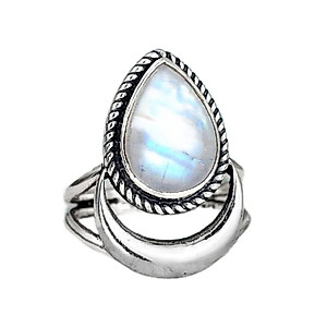 Awmnjtmgpw 925 Sterling Silver Rainbow Moonstone Moon Women's Retro Ring Creative Tear Shaped Water Drop Crescent Punk Ring Size 6-10 (Size 9)