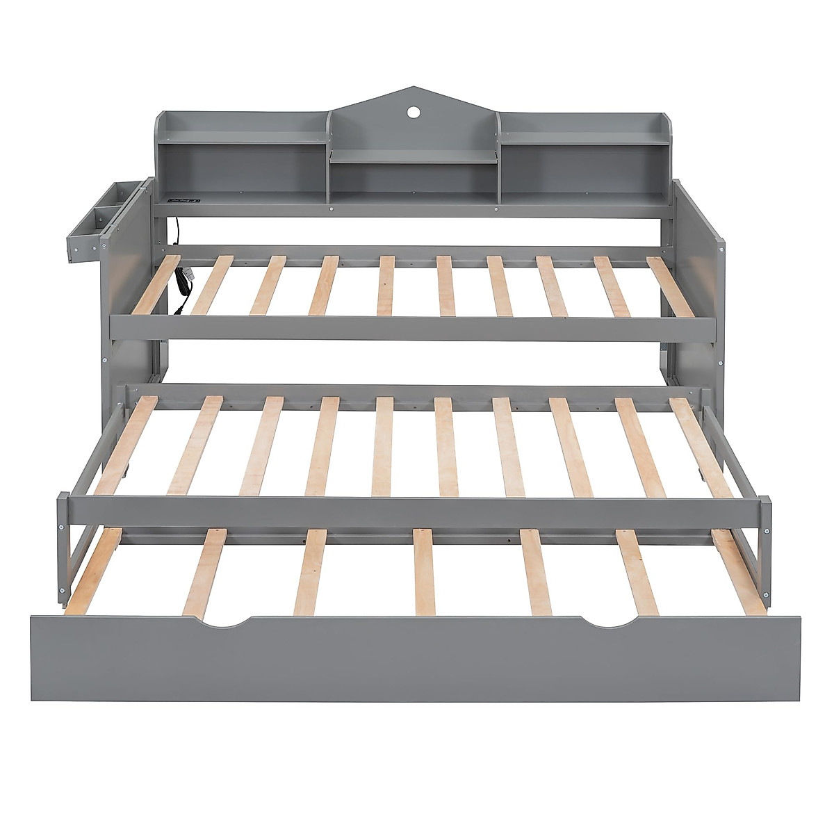 Flieks Wooden Daybed, Twin XL Bed Frame with 2 Twin Trundles, Storage Shelf, and USB Charging Ports, Wood Slat Support, No Box Spring Needed, Easy Assembly, Grey