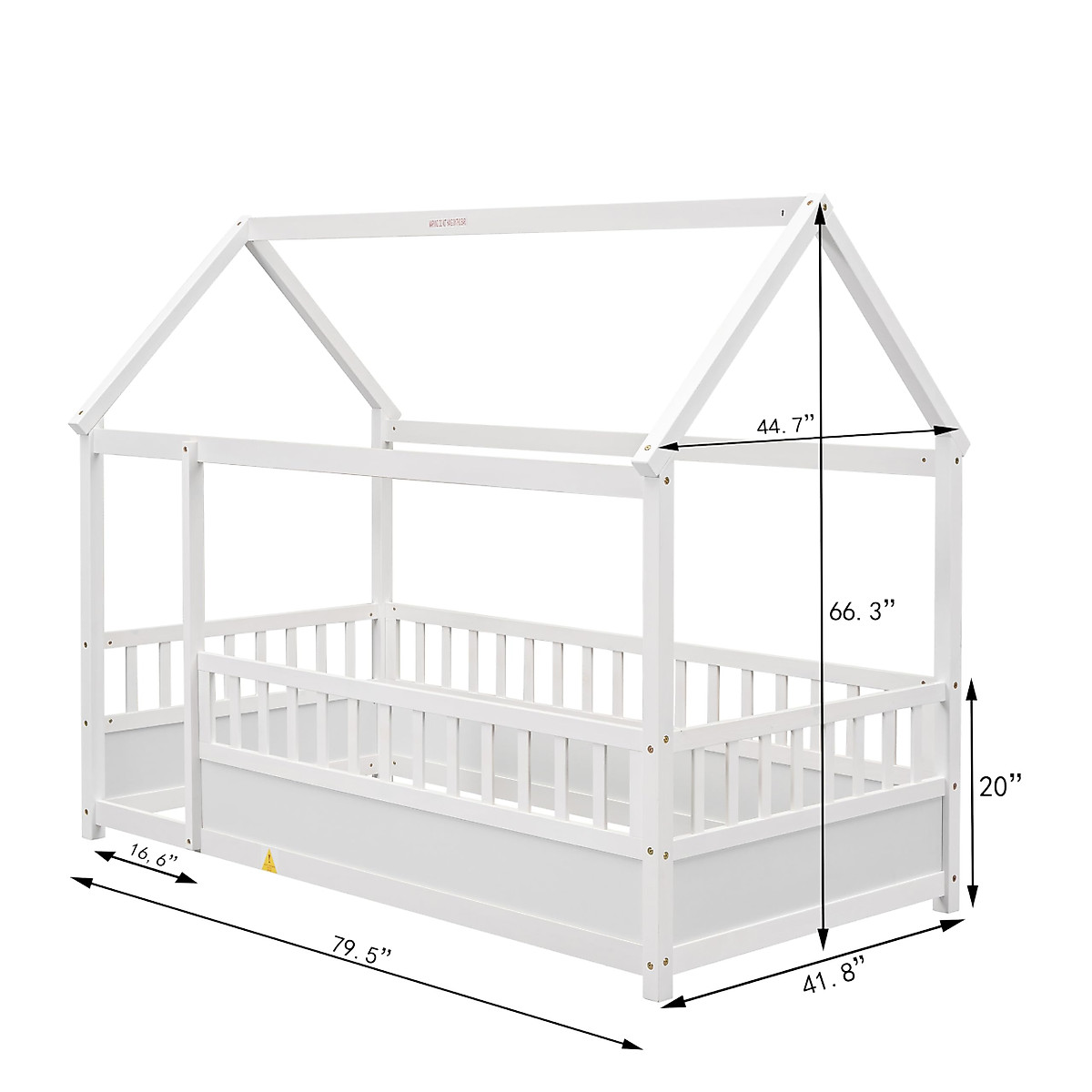 Montessori Floor Bed Twin Size, Twin Montessori Bed with Fence, Twin Size House Bed for Kids, Girls, Boys, Twin Floor Bed White, 80" L x 45" W x 66" H