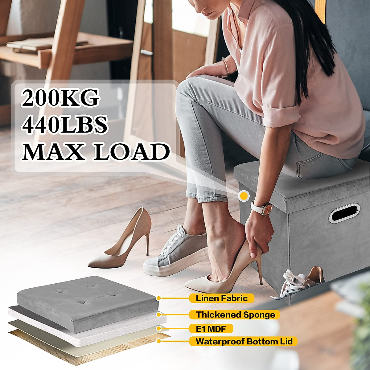 ACEHOME Storage Ottoman Cube, Velvet Button Tufted Ottoman with Storage, Folding Square Storage Ottoman with Tray, Cube Ottoman Storage with Handles, Small Footstool Rest Padded Seat, Grey, 2PC