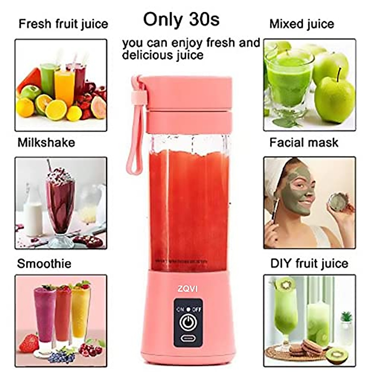 Portable Blender,Portable Juicer,Fruit Mixer - 6 Blades in 3D, 380ml Fruit Mixing Machine with USB Charger Cable（Pink）