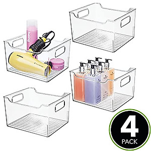 mDesign Large Deep Plastic Storage Bin with Handle for Bathroom/Vanity Organization - Countertop Makeup Organizer - Organization for Shelf, Cabinet, and Closet Decor - Ligne Collection, 4 Pack, Clear